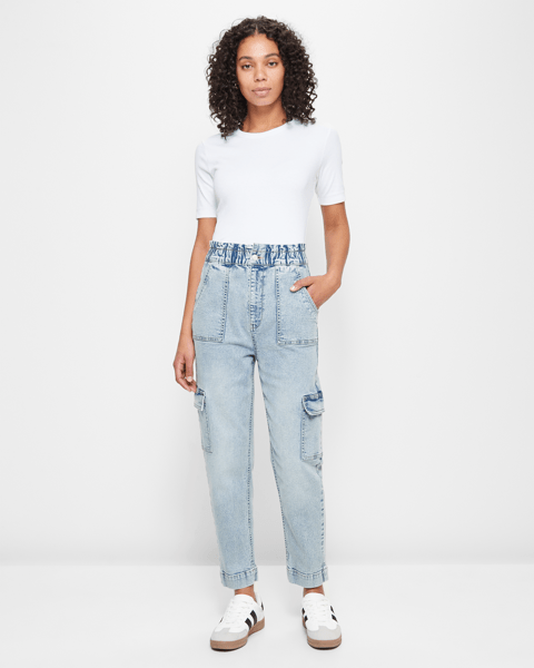 Super High Rise Ankle Length Paperbag Cargo Denim Jeans | Target Australia