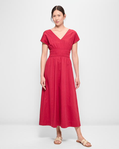 Linen Blend V-Neck Shirred Waist Midi Dress - Preview | Target Australia
