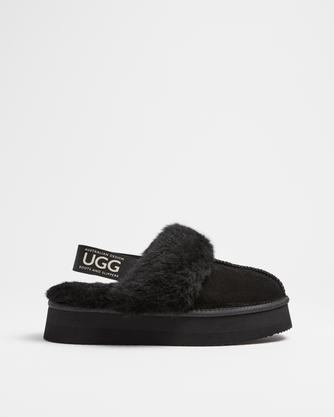 Womens Sheepskin and Leather Platform Sling Back Slipper - Black ...