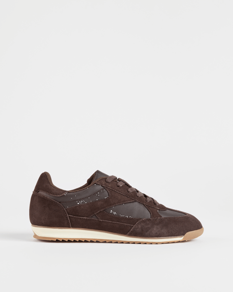 Mens Genuine Suede and Nylon Retro Sneaker - Chocolate | Target Australia