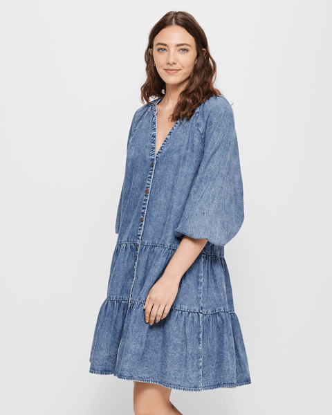 Puff Sleeve Tiered Denim Dress | Target Australia