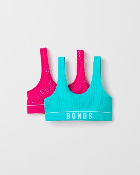 Older Girls Retro Rib Tank Crops 2 Pack - Bonds - Mint/Hot Pink ...