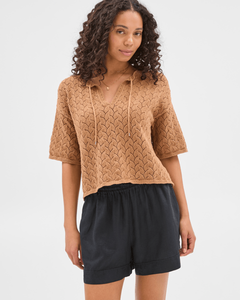 Australian Cotton Crochet Tie Neck Top - Sand Dune | Target Australia