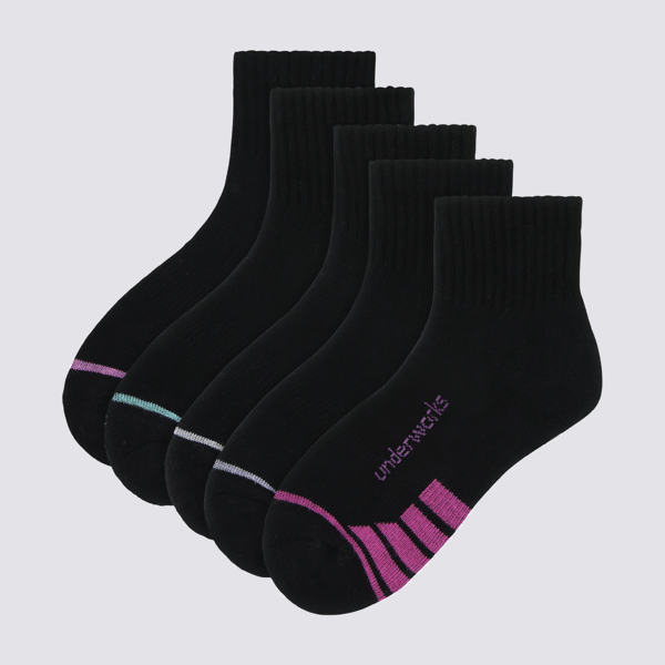 Kids Underworks Cushioned Sport Quarter Crew Socks 5 Pack - Black Style ...