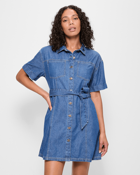 Denim Tie Waist Mini Dress | Target Australia