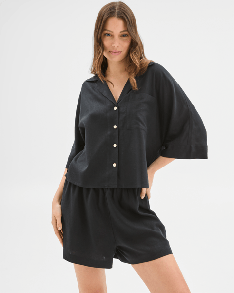 Womens Linen Blend Shorts and Shirt Pyjama Set - Black | Target Australia