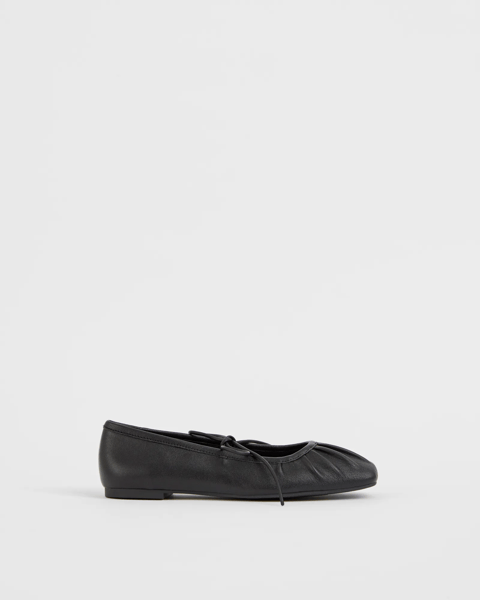 Genuine Suede Leather Gathered Ballet Flat - Lily - Black Leather ...