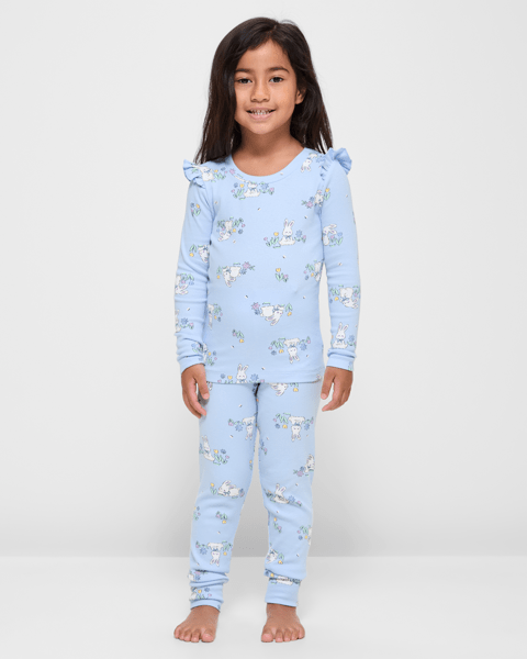 Print Australian Cotton Rib Long Sleeve Pyjama Set - Bunny Floral ...