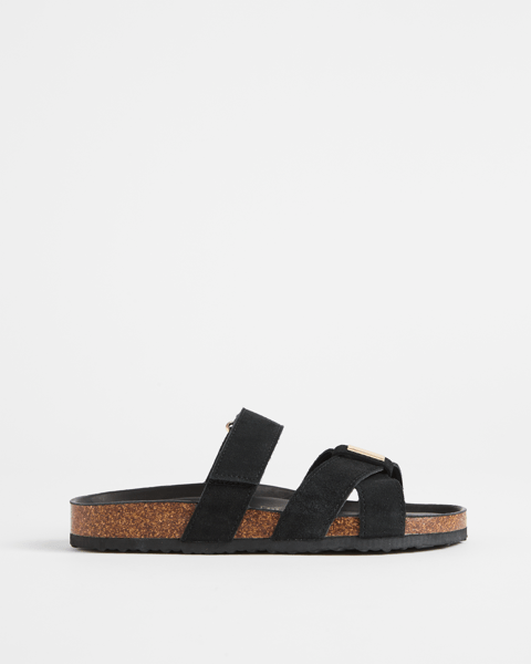 Womens Cross Strap Genuine Leather Moulded Cork Sandal - Kaya - Black ...