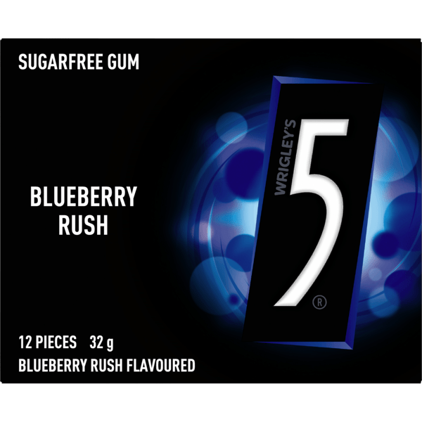 12 Piece Wrigley's 5 Gum Blueberry Rush Sugar Free Chewing Gum 32g ...