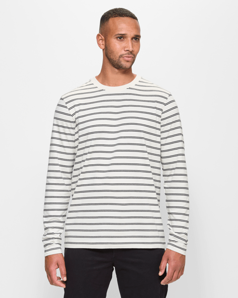 Australian Cotton Long Sleeve Stripe T-Shirt - Birch/Black Stripe ...