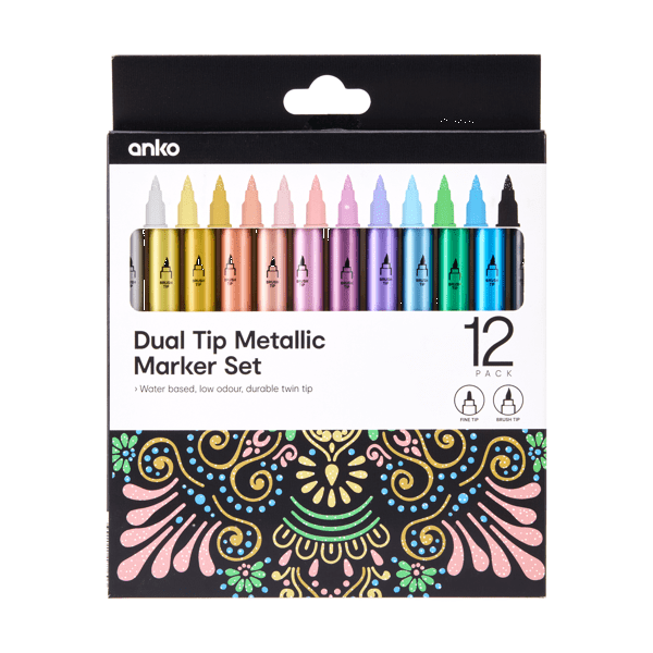 12 Pack Dual Tip Metallic Marker Set - Anko | Target Australia