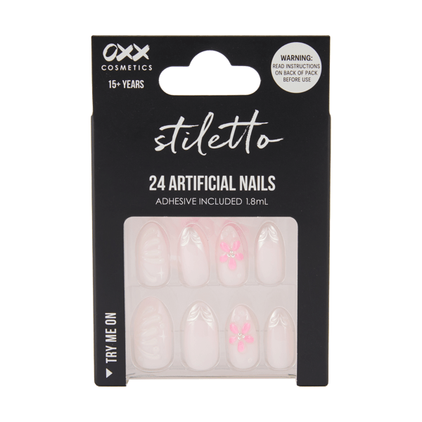 24 Pack Artificial Nails with Adhesive, Stiletto Shape, 3D French Tip ...