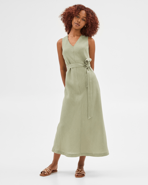 Petites European Linen V-Neck Midi Dress - Spring Sage | Target Australia