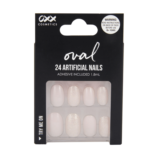 24 Pack Artificial Nails with Adhesive, Oval Shape, Pink Shimmer - OXX ...