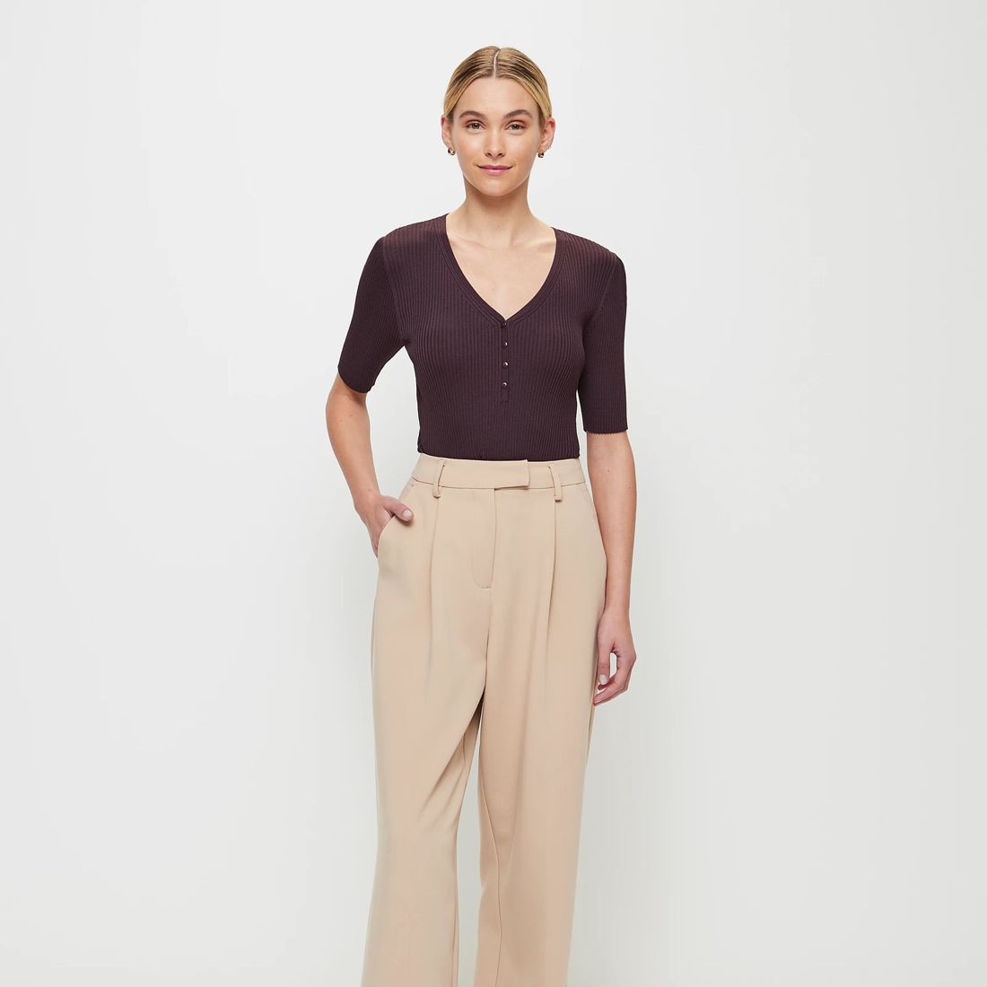 V-Neck Henley Top - Preview - Chocolate Brown | Target Australia