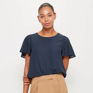 Crew Neck Flutter Sleeve Blouse - Preview - Navy Blue | Target Australia